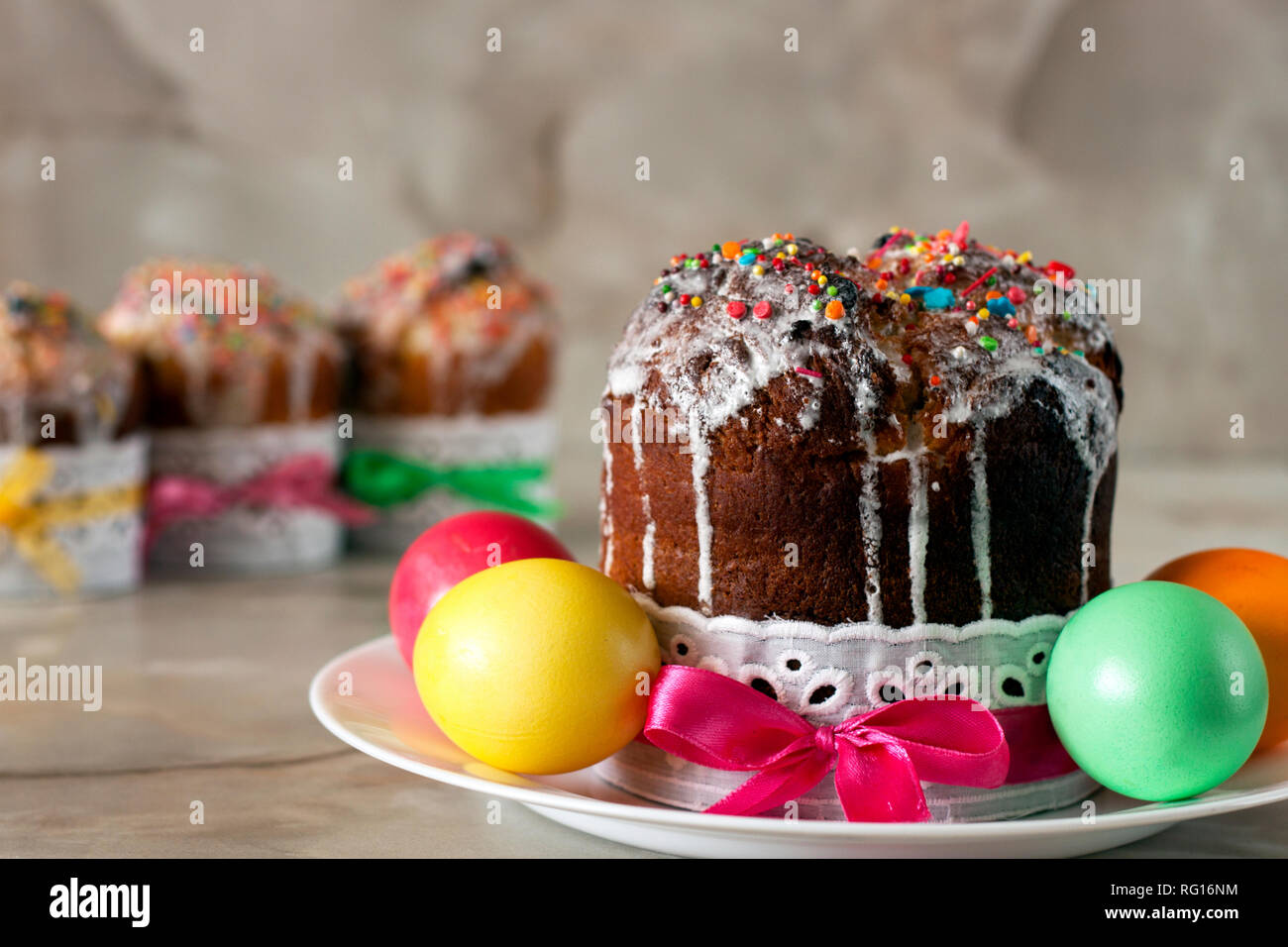 Traditional Orthodox Christian Easter food. Easter cake and painted ...