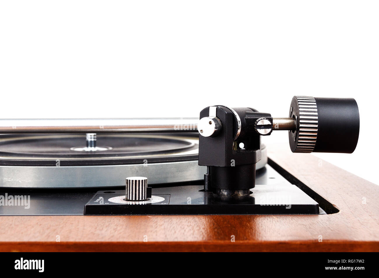 Side view of vintage turntable vinyl record player isolated on white ...
