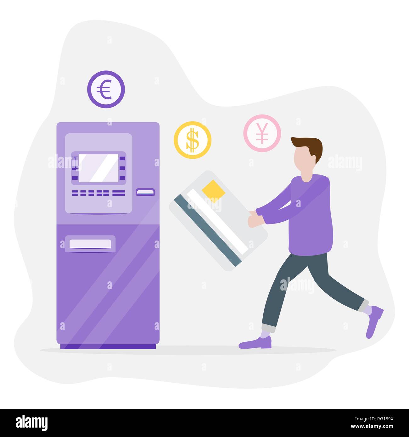 Vector illustration with man goes to ATM with a bank card. Personal ...