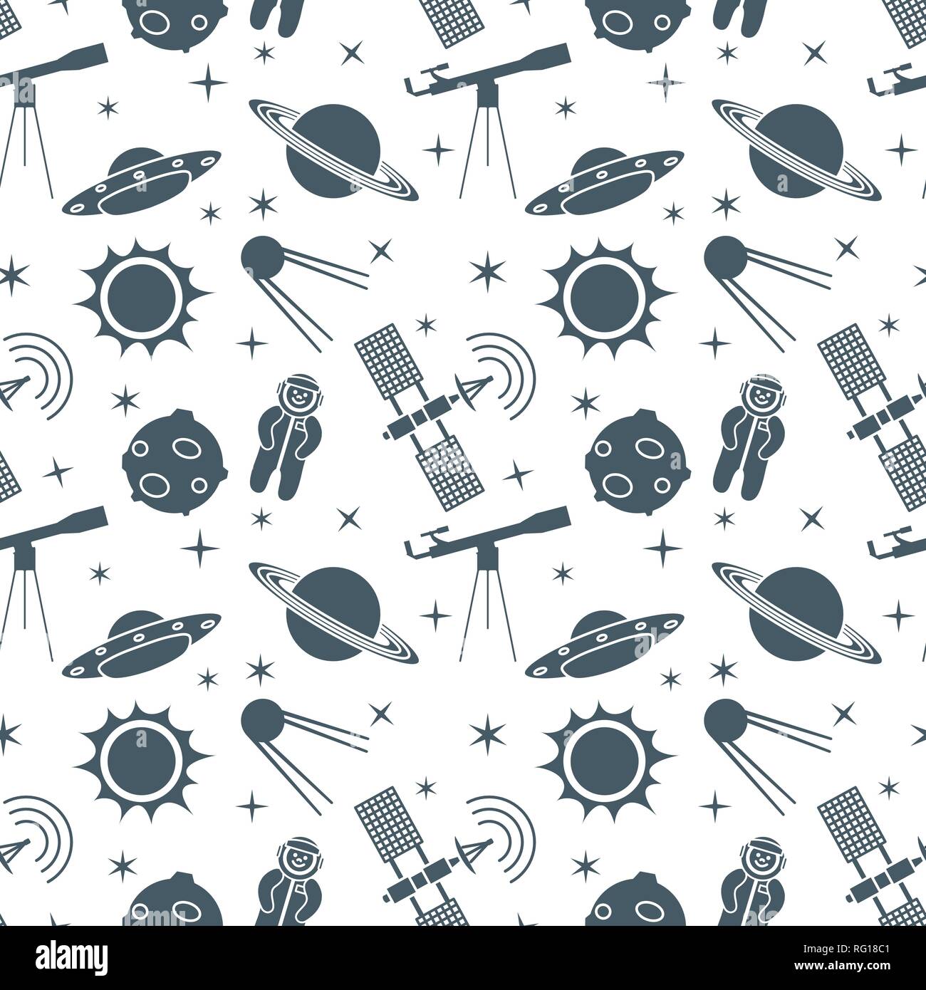 Seamless pattern with telescope, UFO, satellite, planets, astronaut ...