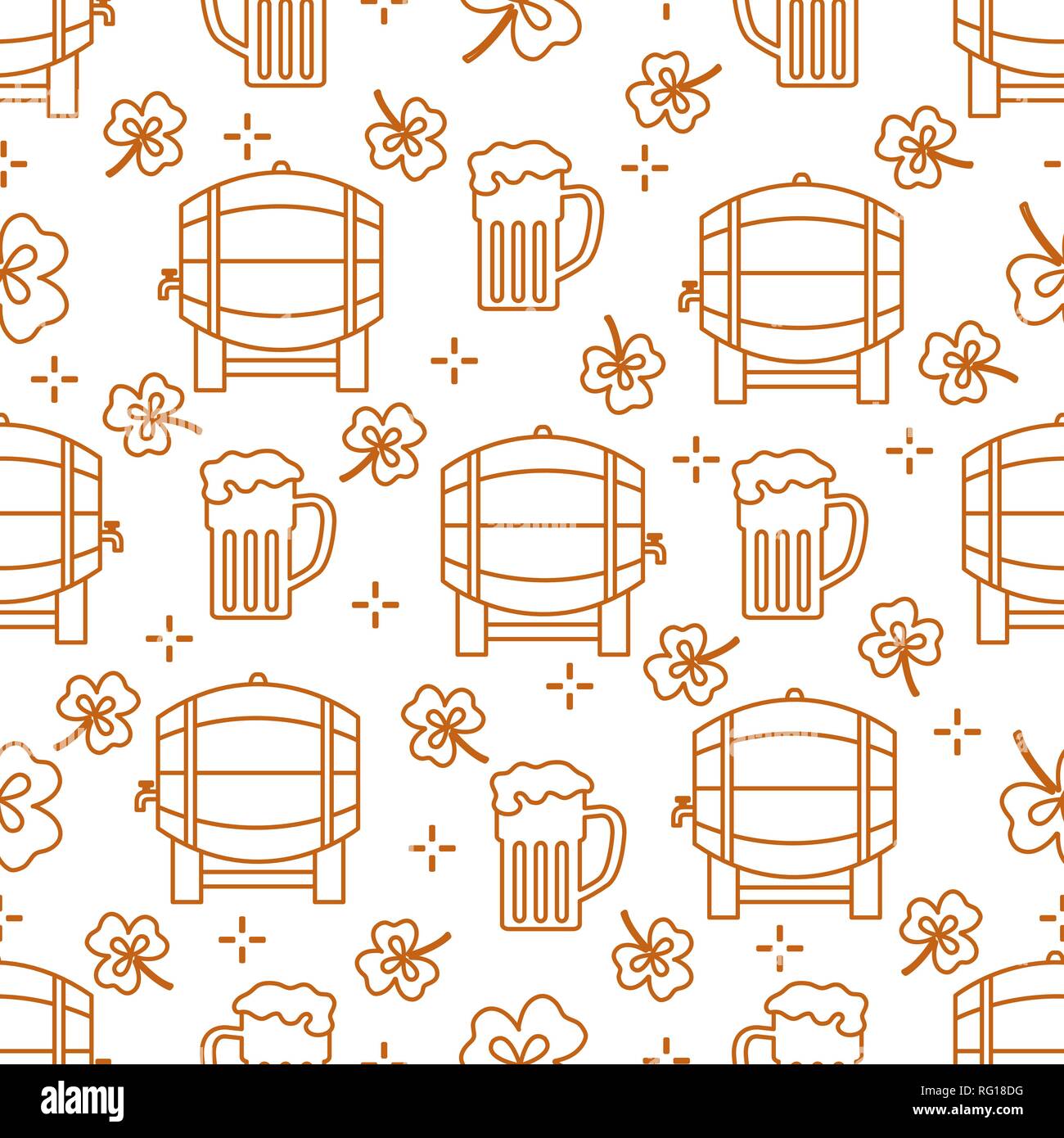 Seamless pattern with clover leaves, beer barrel, beer mug. St. Patrick ...