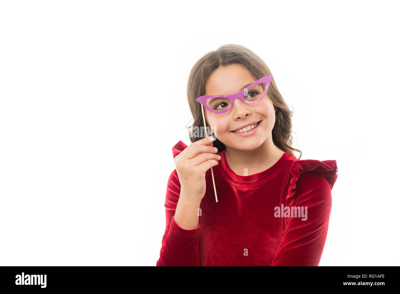 Kid happy wear eyeglasses photo booth props party accessory. Girl hold ...