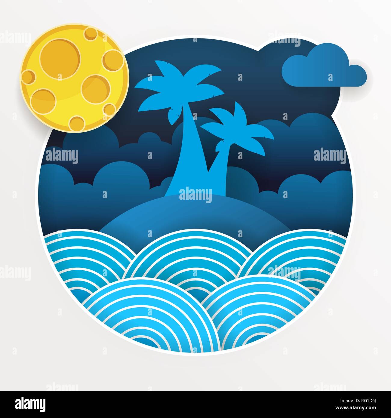 Tropical Storm In The Ocean With Big Waves In Paper Style. Vector ...