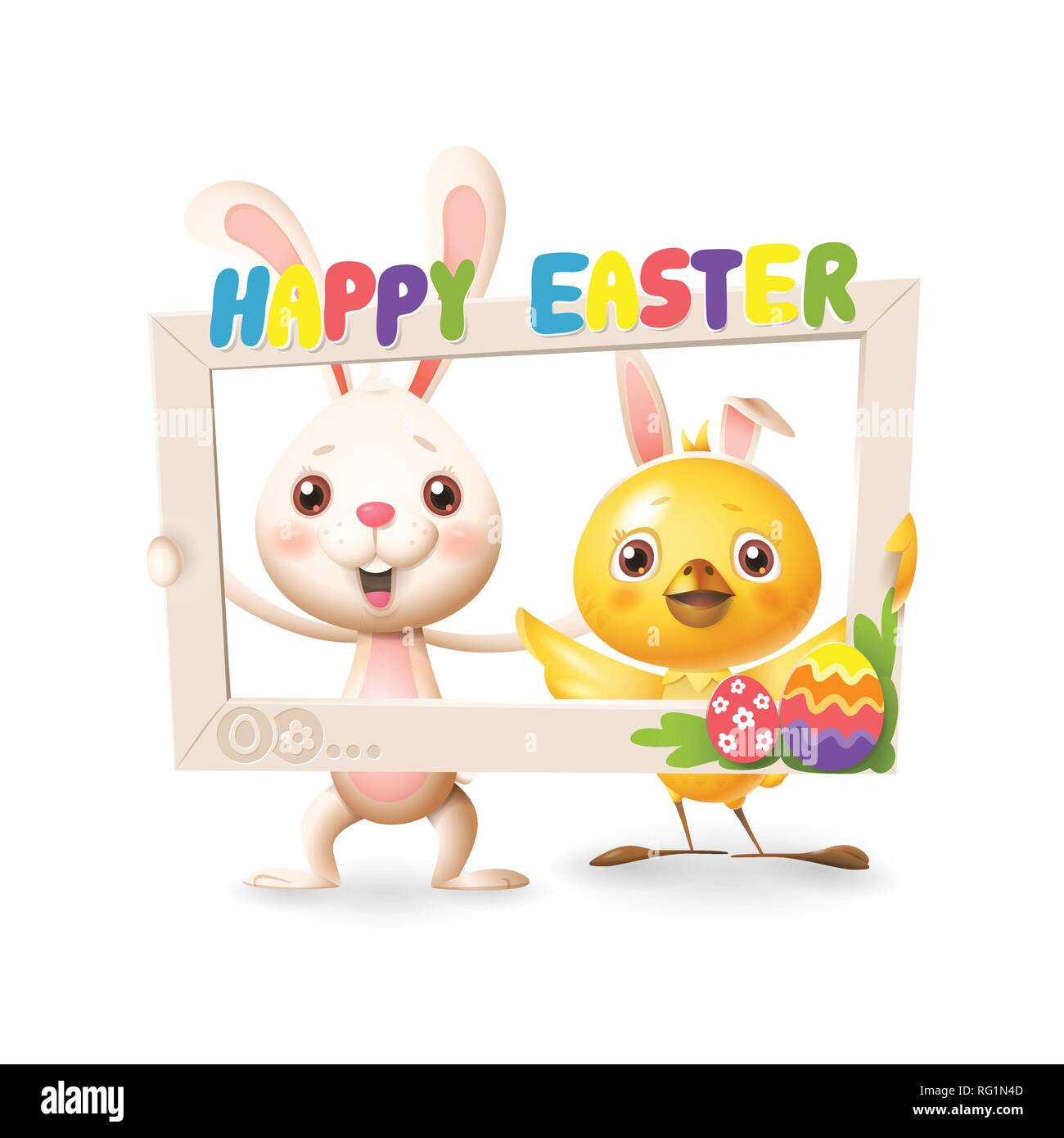 Easter animals - Happy cute bunny and chicken celebrate Easter with ...