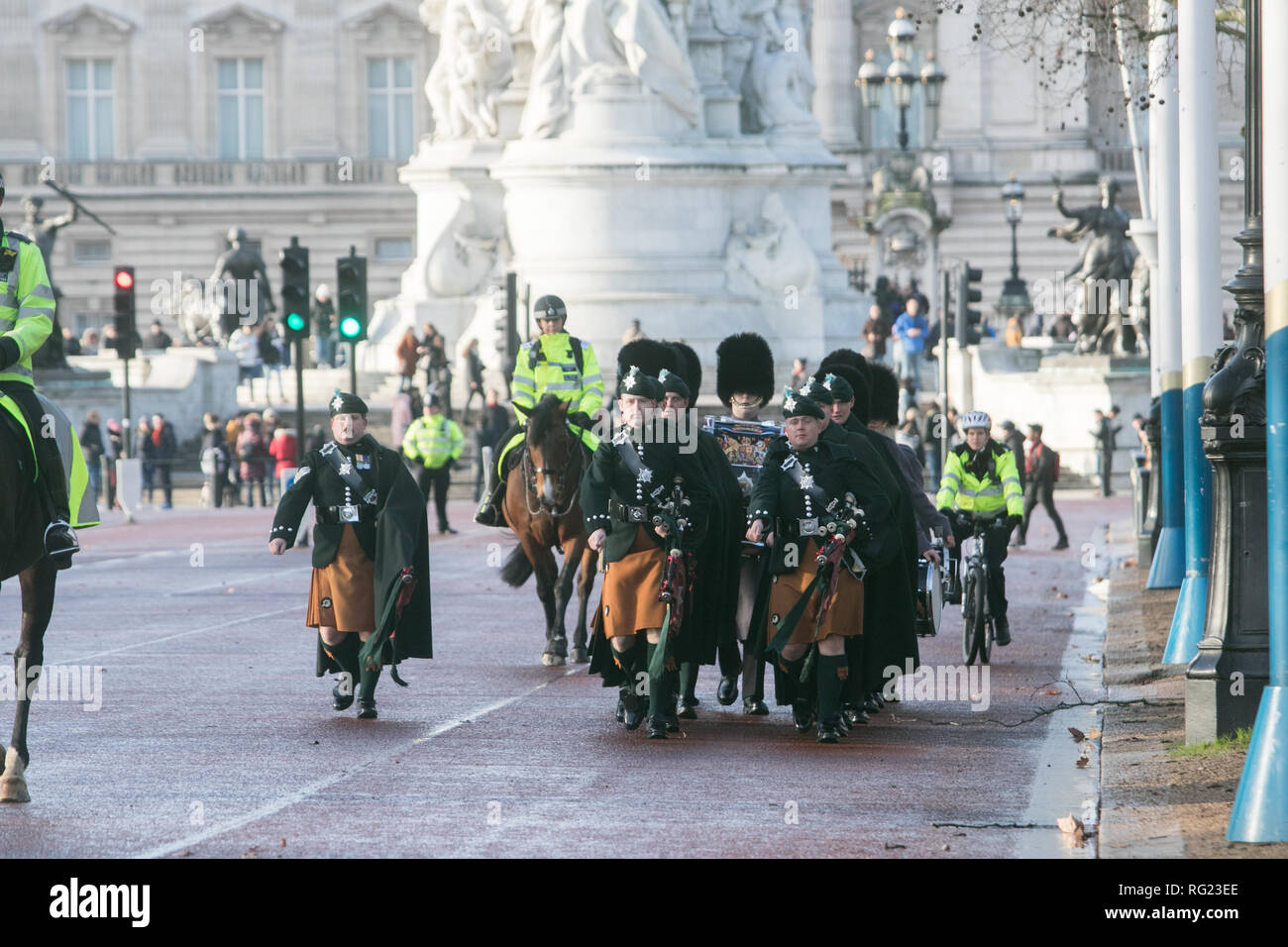 London UK. 27th January 2019. Members of the Irish Guards band parade ...