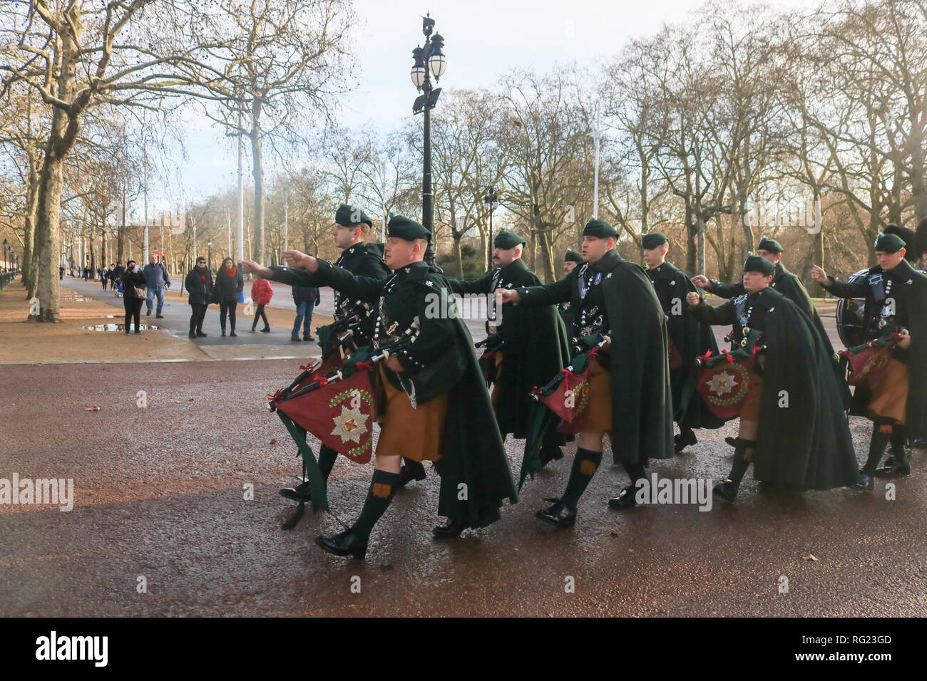 London UK. 27th January 2019. Members of the Irish Guards band parade ...
