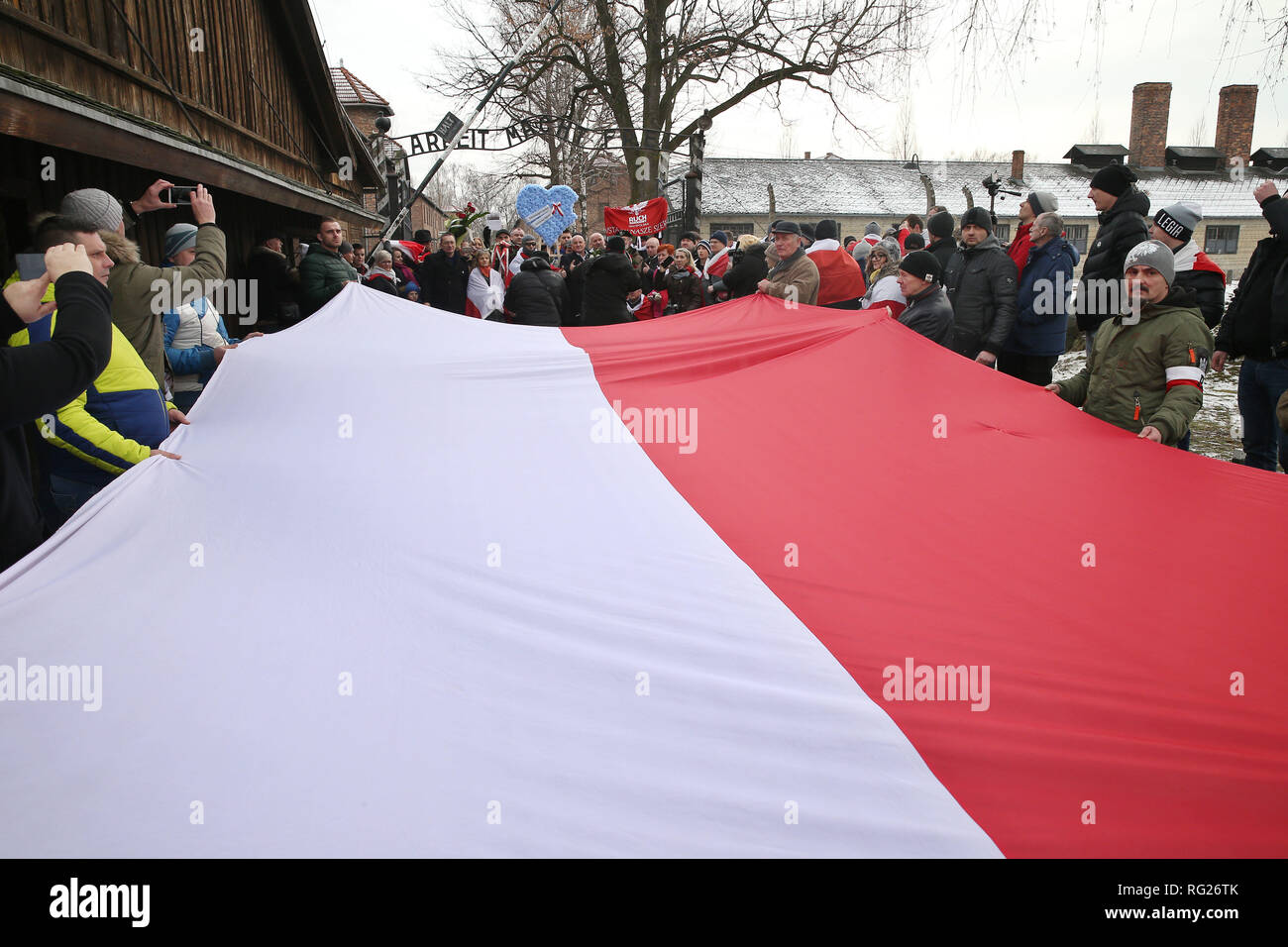 Oswiecim, POLAND. 27th Jan, 2019. Poles, Polish patriots, with national ...
