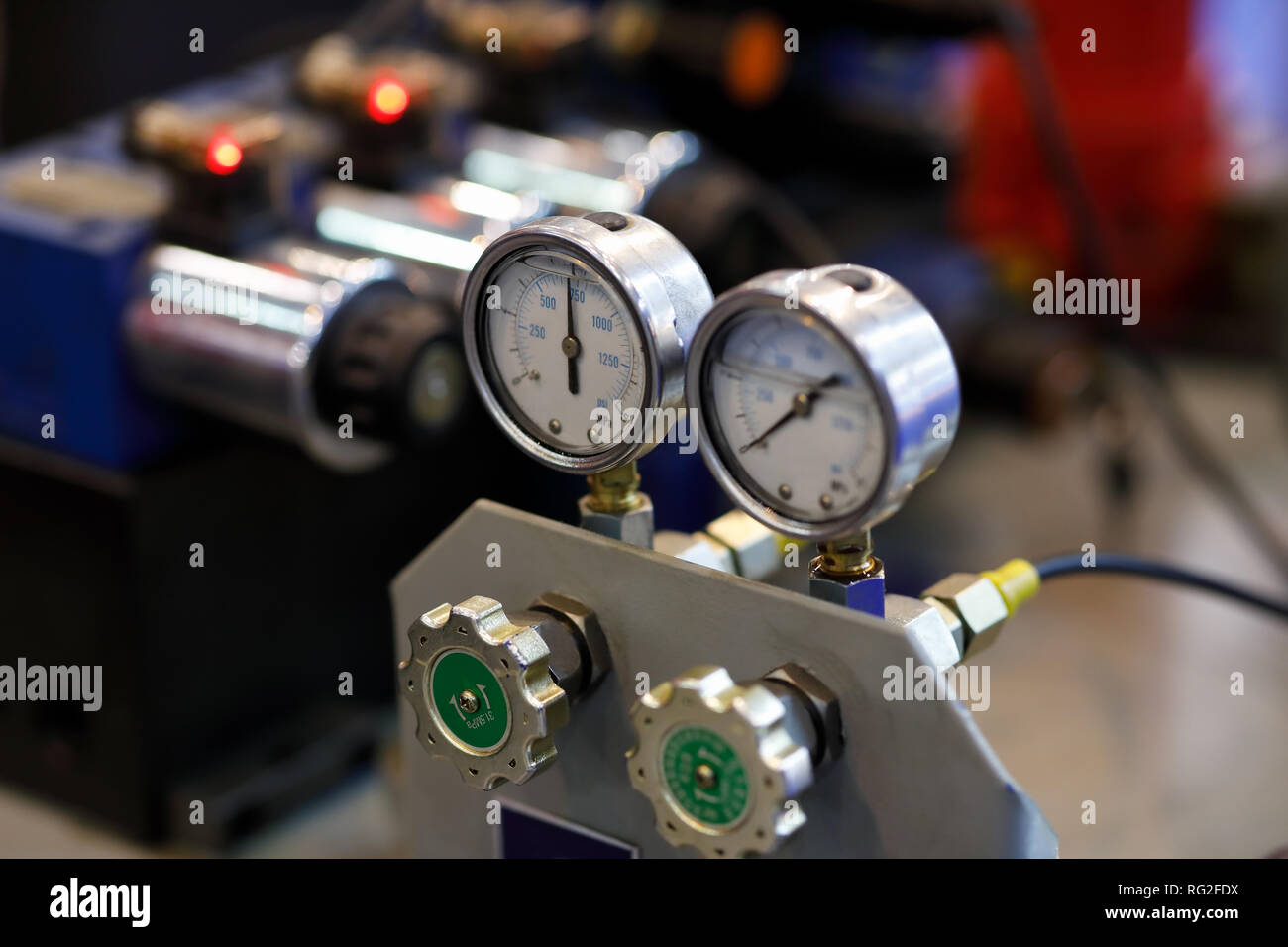 Hydraulic equipment with pressure gauges on an industrial machine ...