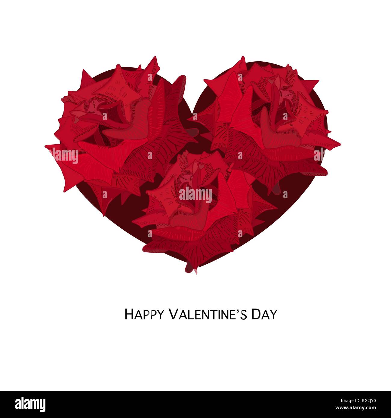 Hand drawn beauty red roses heart. Happy Valentine's Day greeting card ...