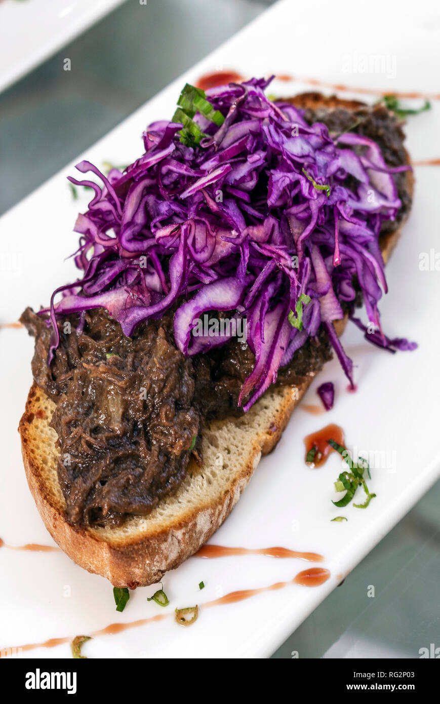portuguese stewed beef and red cabbage toasted open sandwich tapas ...