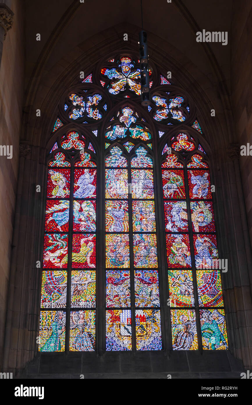 PRAGUE, CZECH REPUBLIC - JUNE 14, 2017: Stained Glass window in the ...