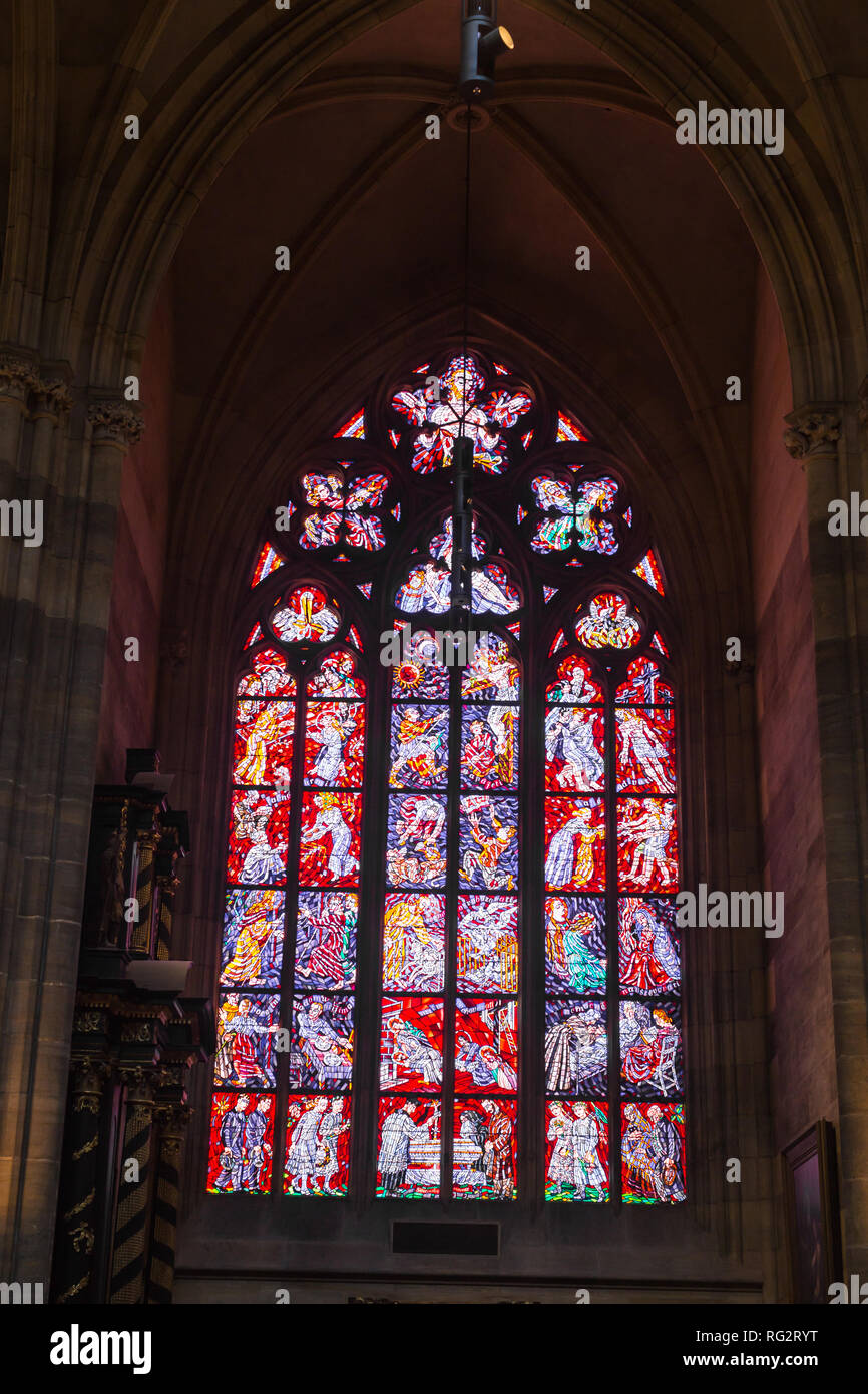 PRAGUE, CZECH REPUBLIC - JUNE 14, 2017: Stained Glass window in the ...