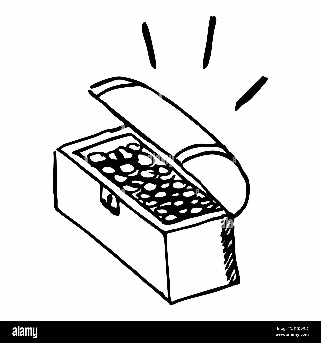 A freehand illustration of a treasure chest. Black outlines on white ...