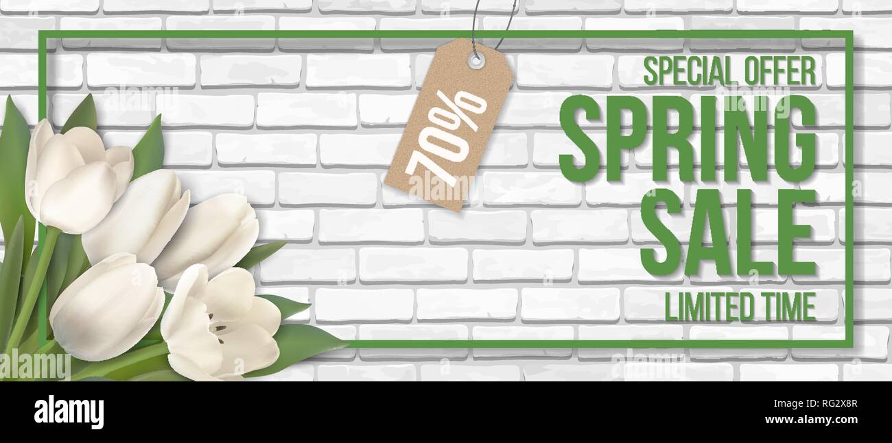 Spring sale. Tulip flowers, frame and typographic on white brick wall ...