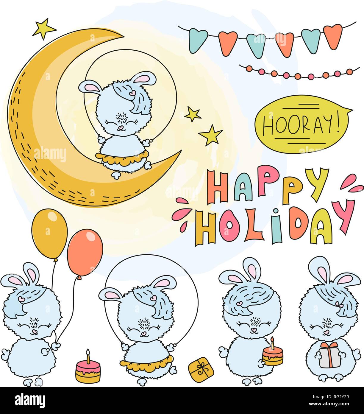 BUNNY BIRTHDAY Comic Cartoon Vector Illustration Set for Print, Fabric ...