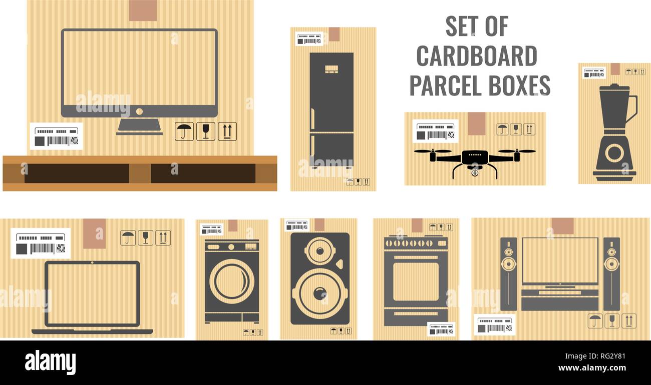 Set of different cardboard boxes with different real sizes and of ...