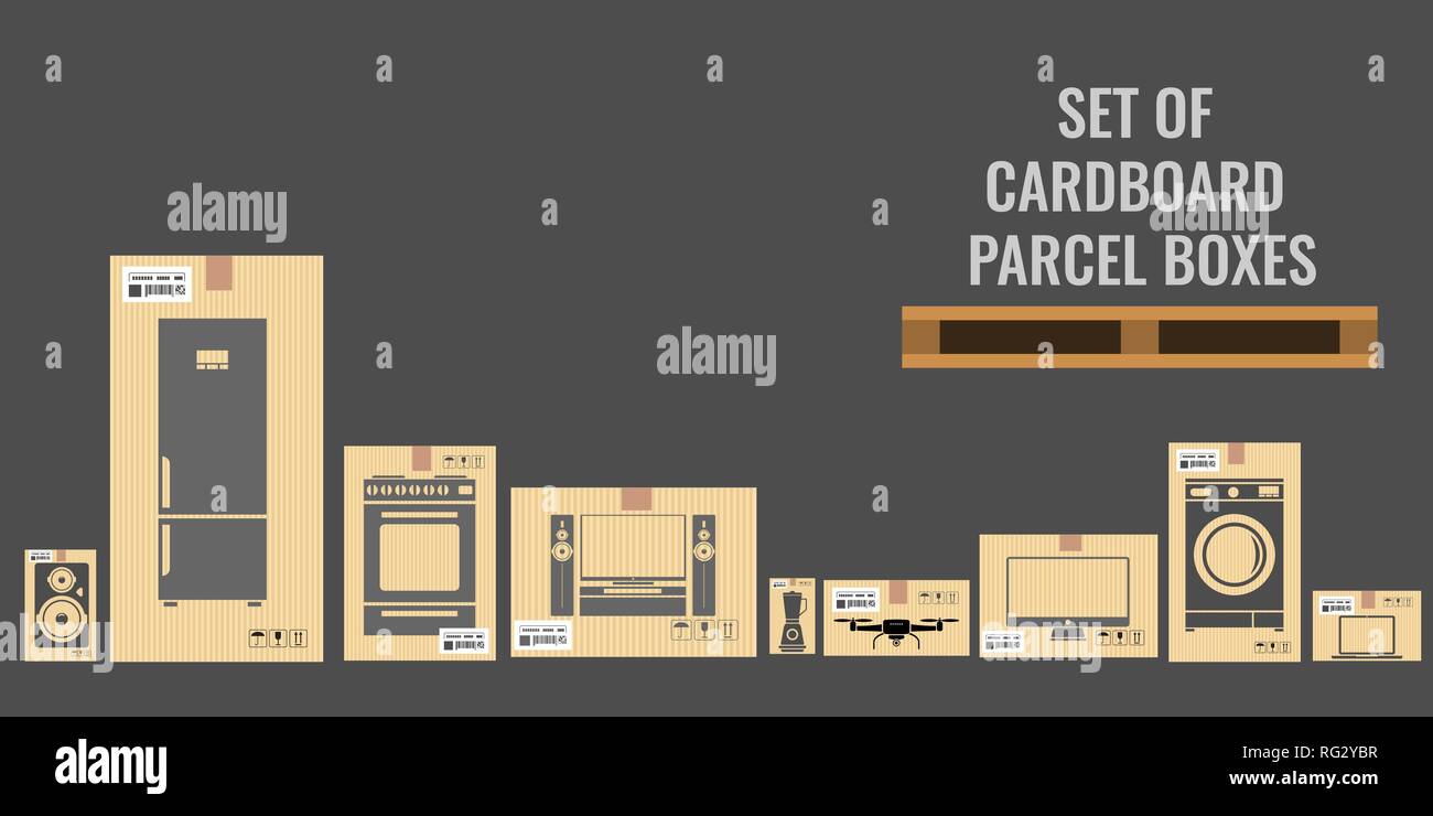 Set of different cardboard boxes with different real sizes and of ...