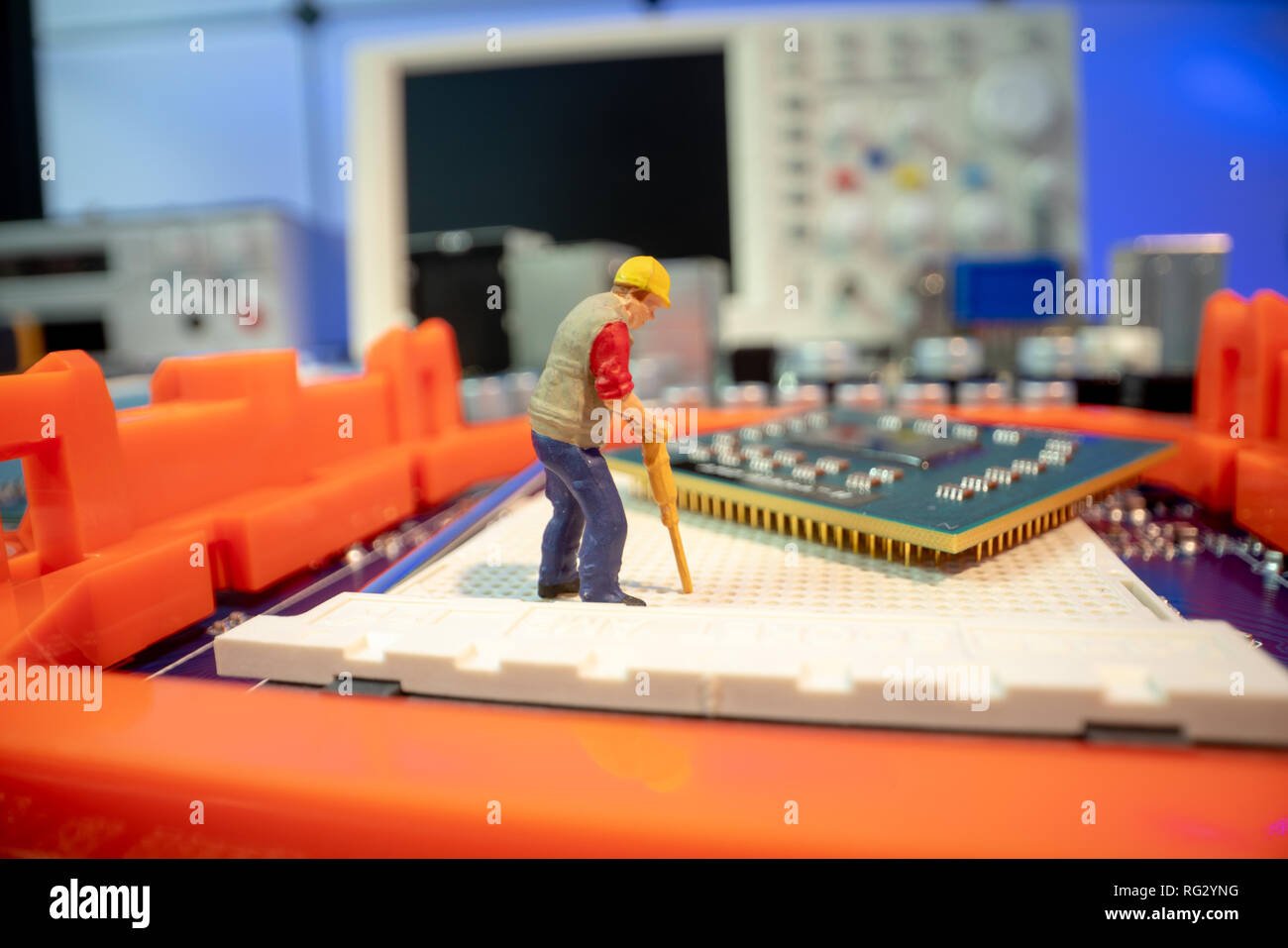 Miniature repair man mainboard, Miniature worker team try to repair cpu ...