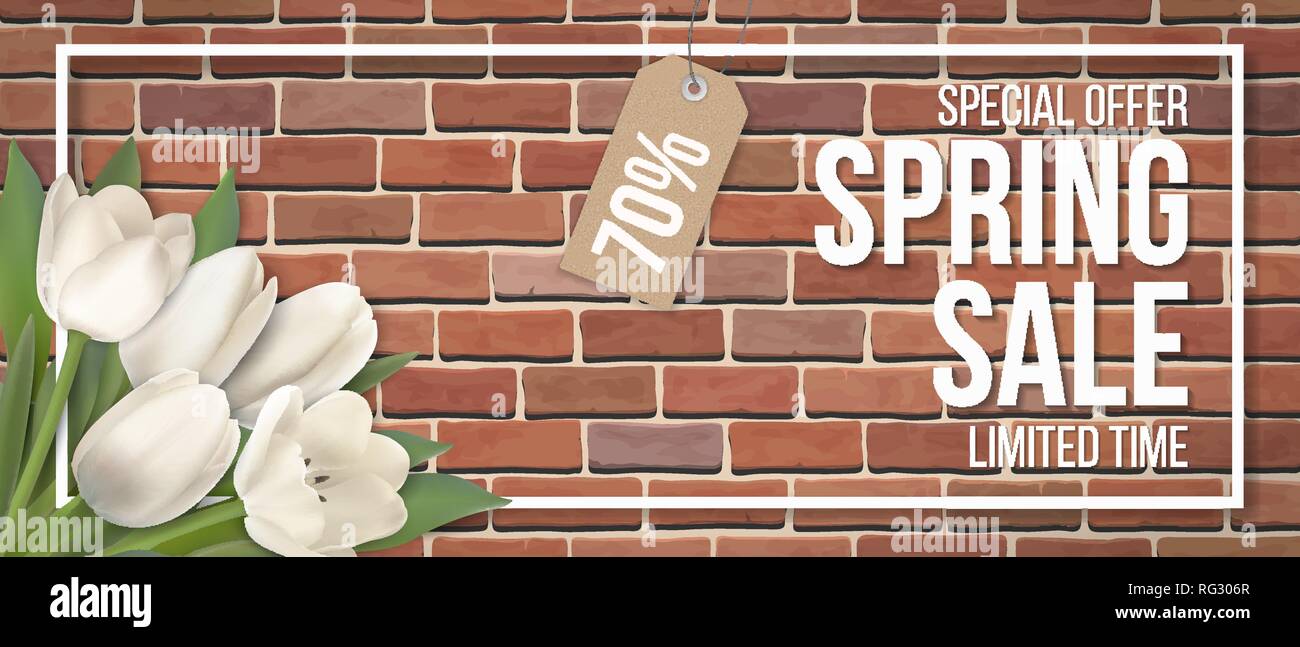 Spring sale. White tulip flower, frame and typographic on red brick ...