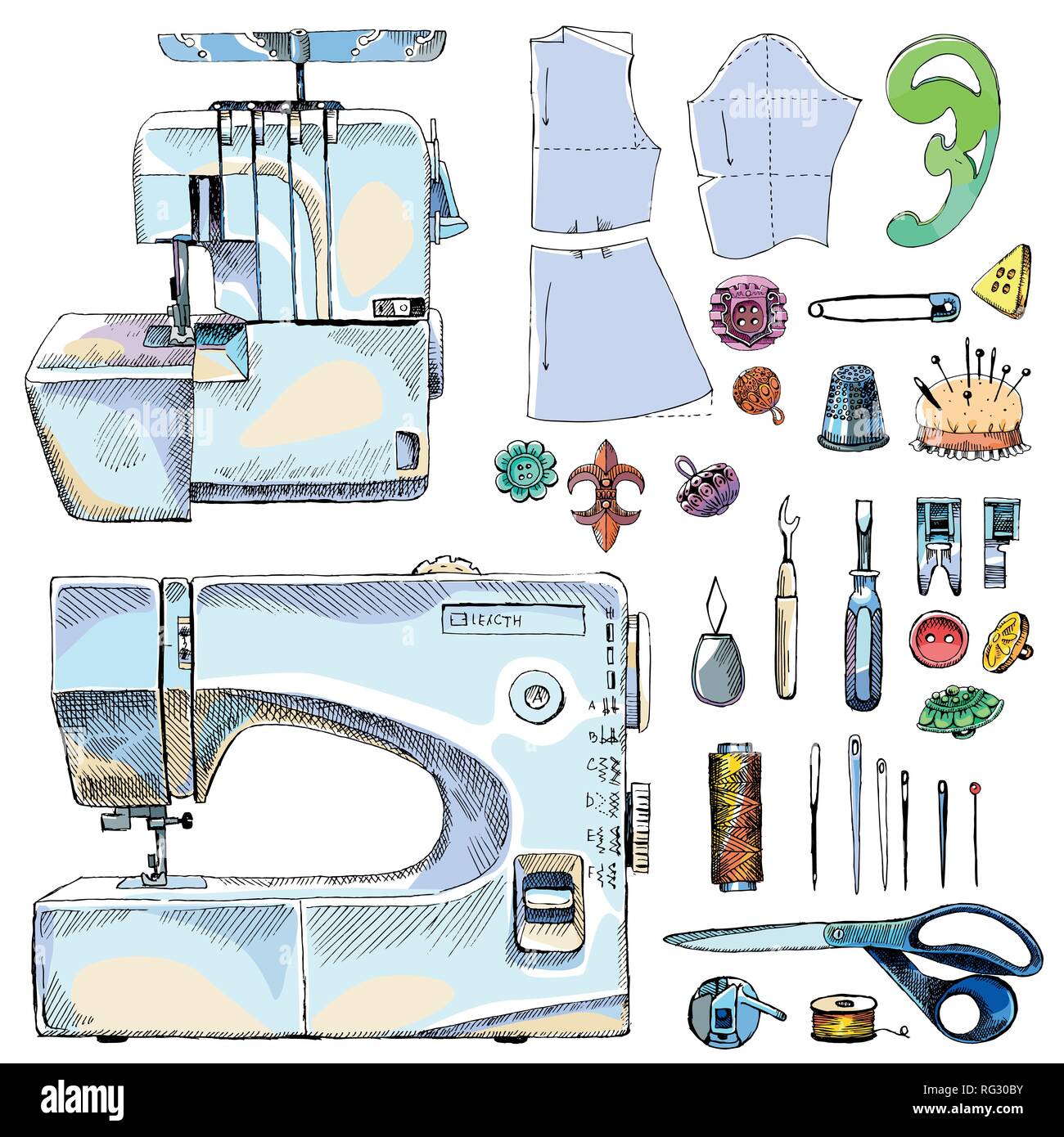 Tailor Shop Hand Drawn Equipment Set with sewing-machine Stock Vector ...