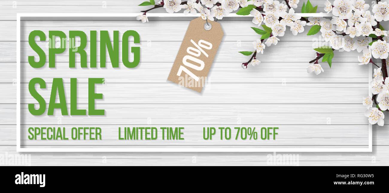 Spring sale. Blooming tree branch, frame and typographic on white ...