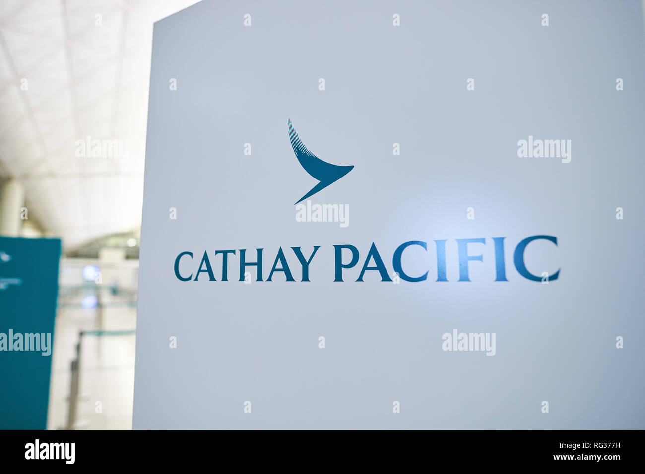 HONG KONG - CIRCA SEPTEMBER, 2016: close up shot of Cathay Pacific sign ...