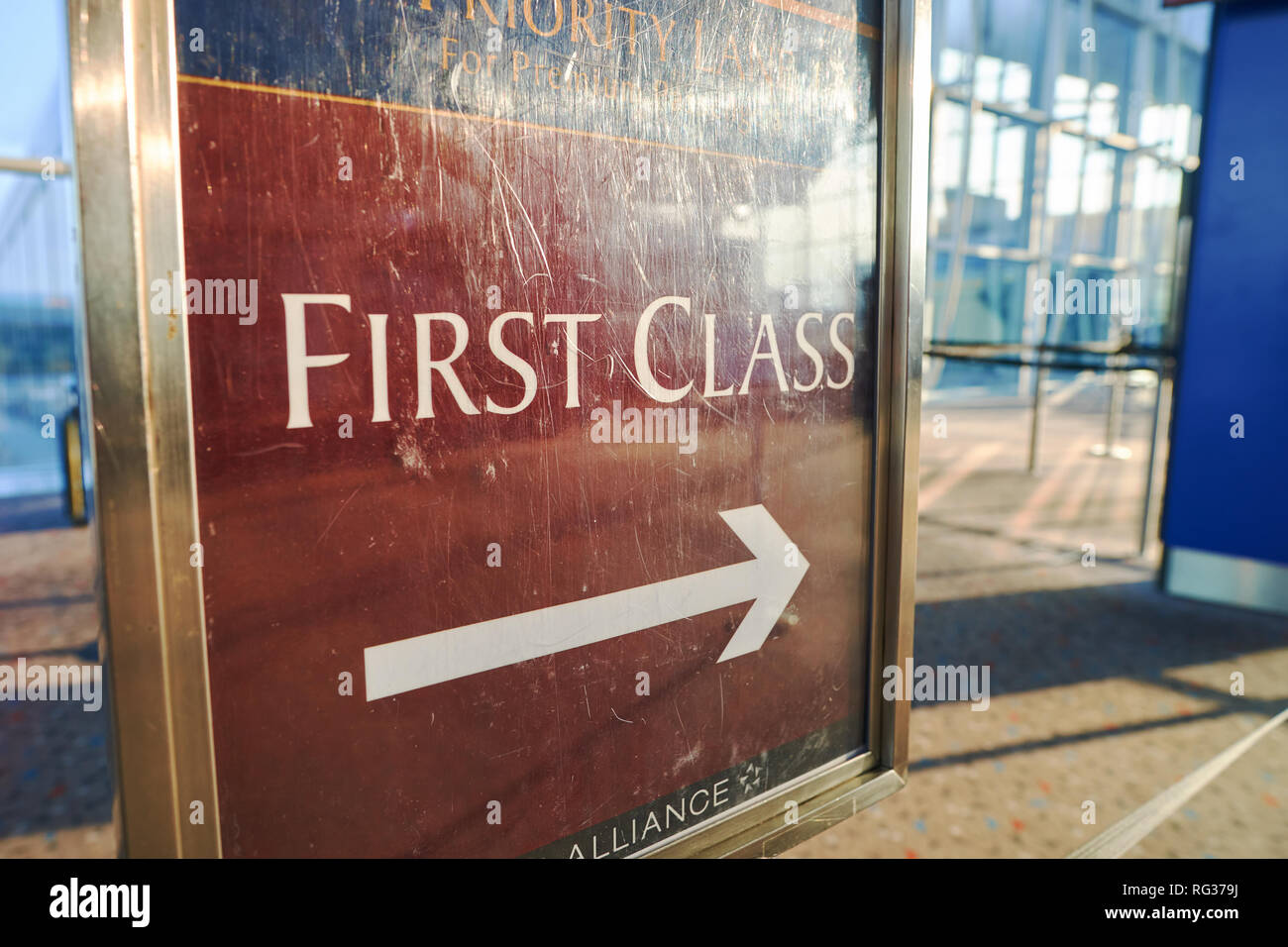 HONG KONG - CIRCA SEPTEMBER, 2016: First Class boarding sign at Hong ...