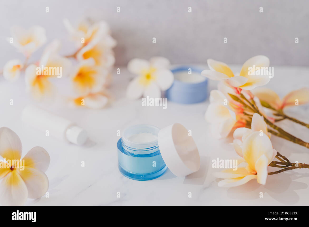 spa and skincare treatments concept, moisturiser scrub and hand cream ...
