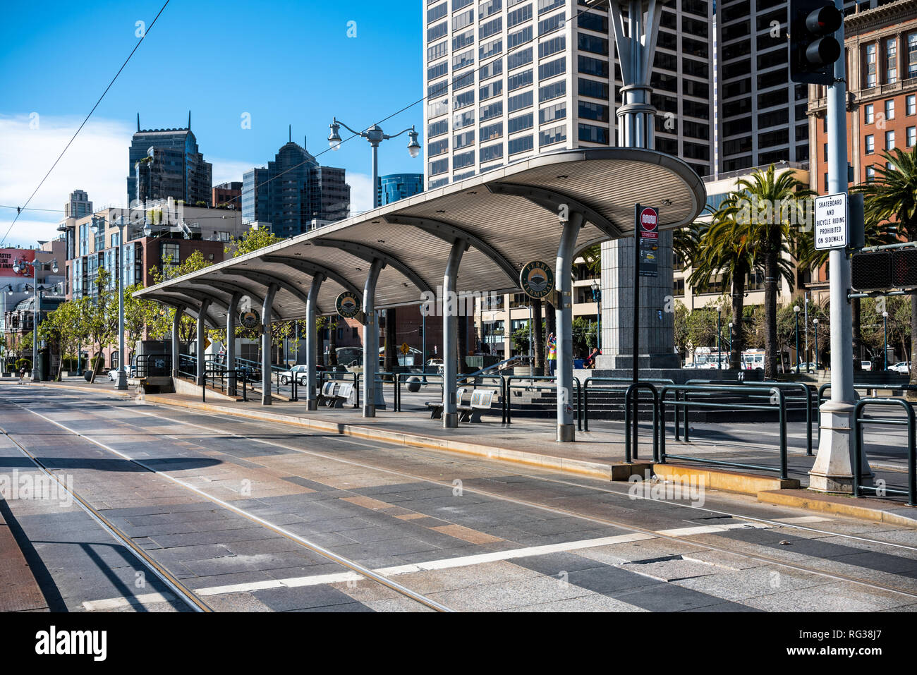 view of an empty cable car stops at f-line in San Francisco, USA Stock ...