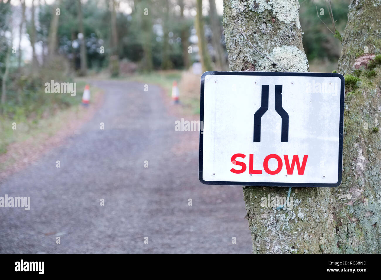 Slow down road safety sign on rural private countryside highway Stock ...