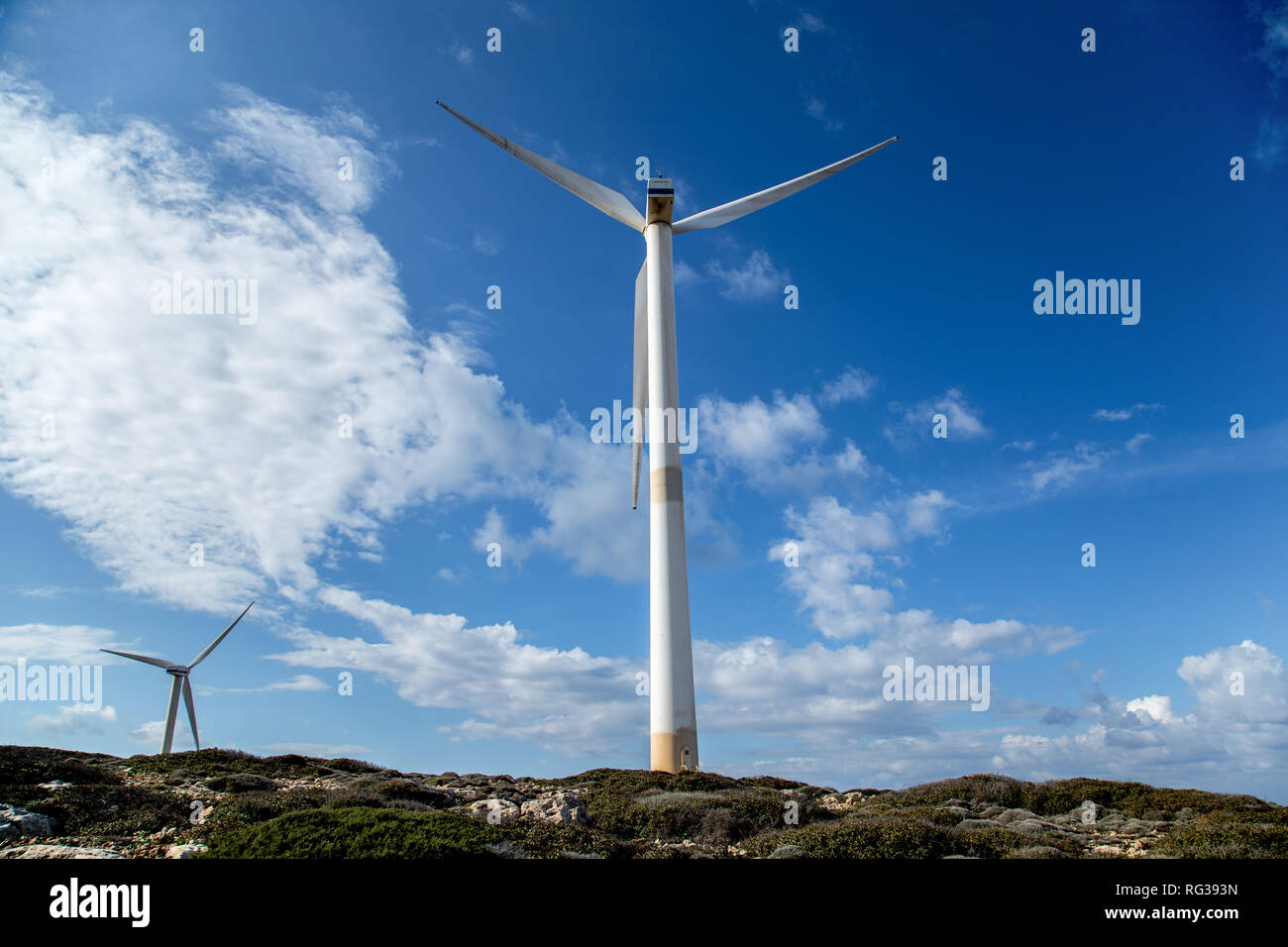wind turbine over Elounda VIllage Crete Greece Stock Photo - Alamy
