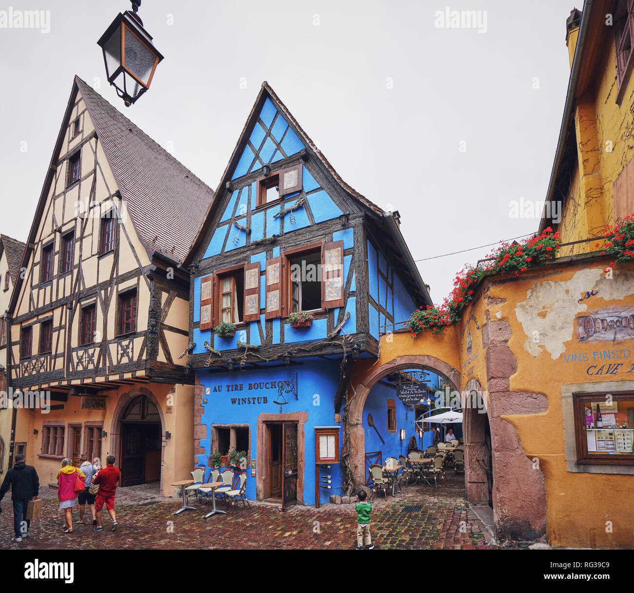 Streets of Riquewihr. Riquewihr is a town on the Alsace Wine Route in ...