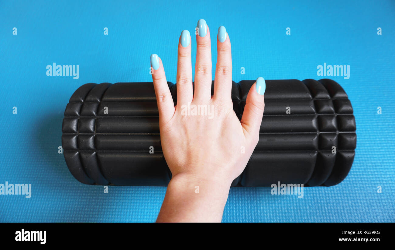 Foam Roller Gym Fitness Equipment Blue background self Myofascial ...