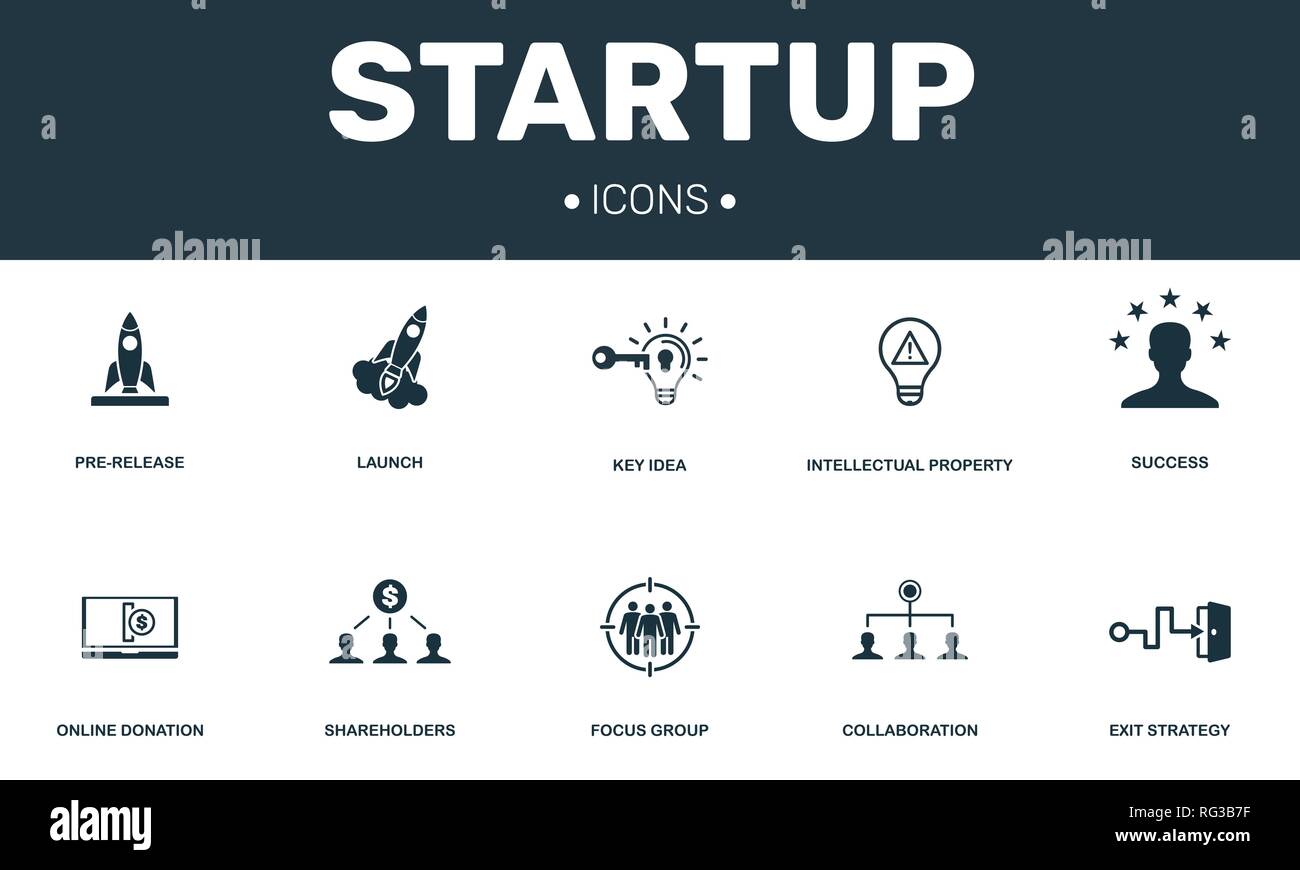 Startup set icons collection. Includes simple elements such as Pre ...