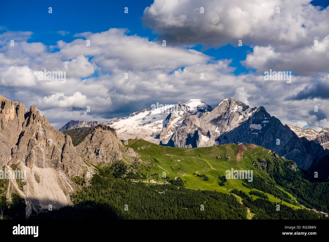 View on the pass Pordoi Pass, Passo Pordoi and the mountain Marmolada ...