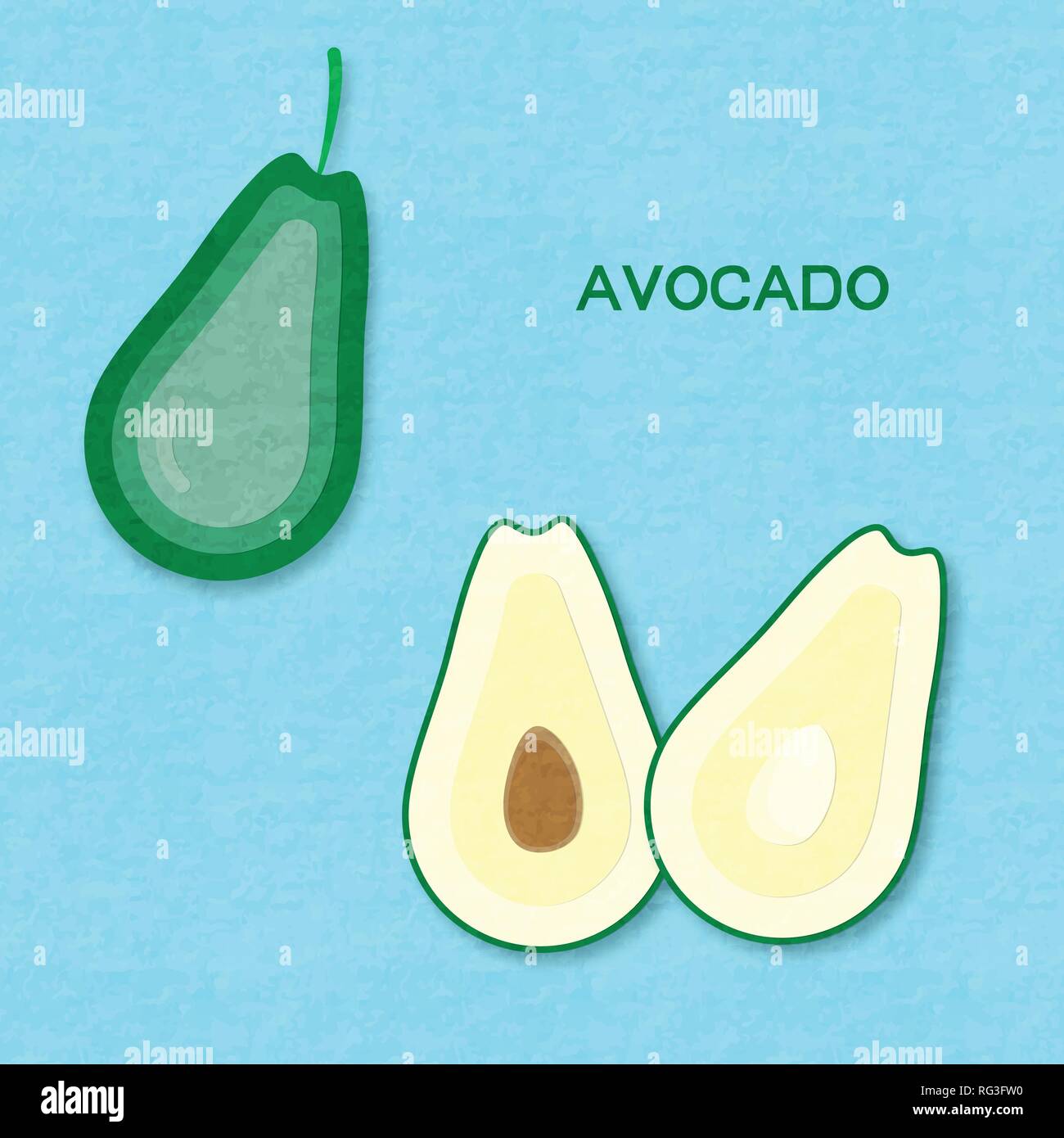 Creative vector illustration avocado fruits and avocado half. On blue ...