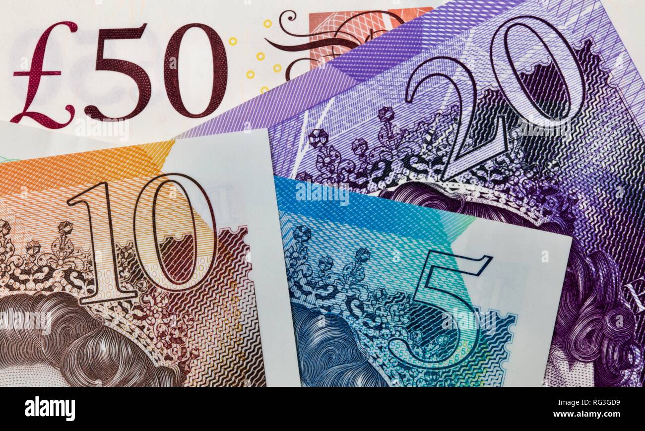 Bank of England £5, £10, £20 and £50 banknotes Stock Photo - Alamy