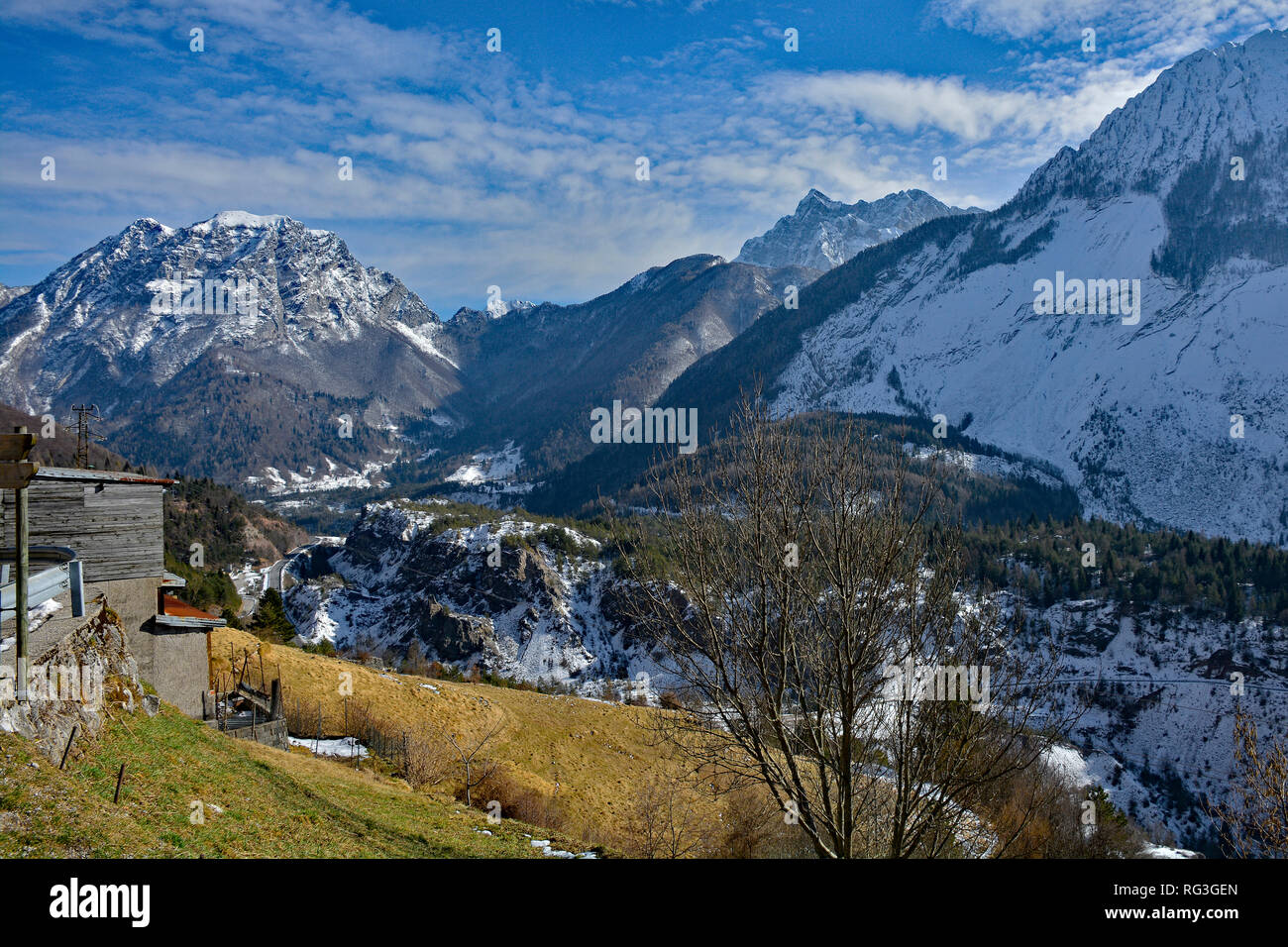 The winter landscape around the small hill village of Casso in Friuli ...