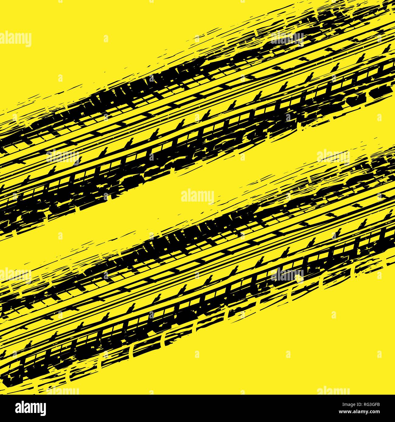 Yellow background with black grunge path and tire track silhouettes ...
