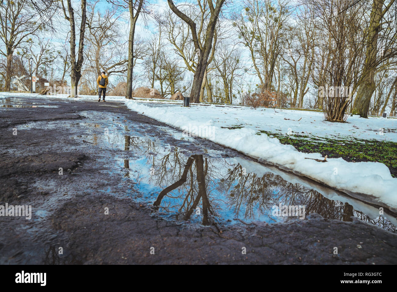 melting snow. puddle on the road. city park. spring is coming Stock ...