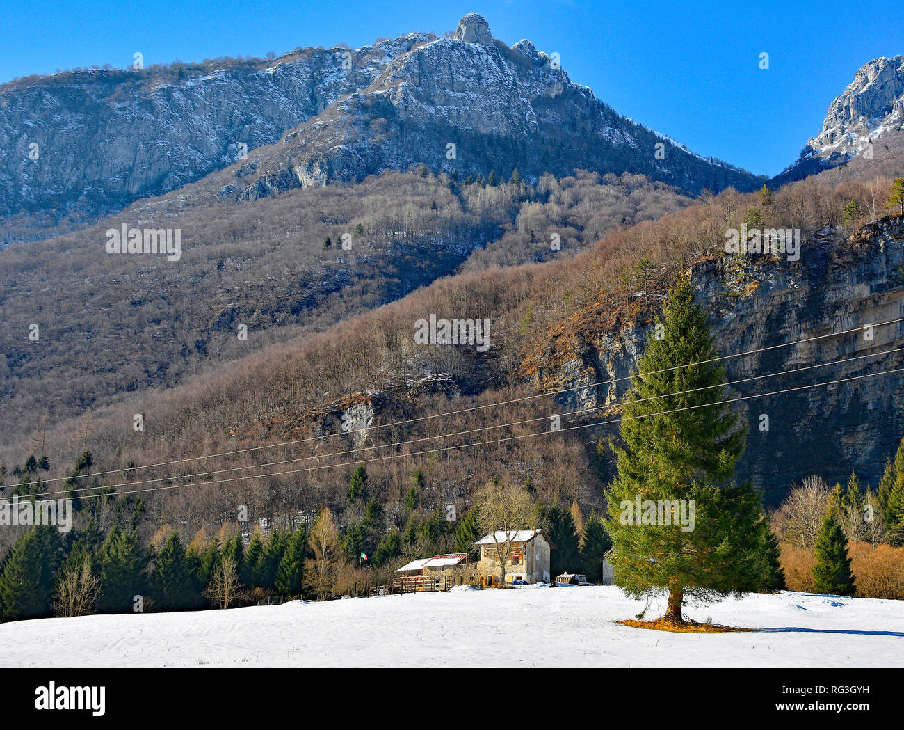 The winter landscape around the small hill village of Casso in Friuli ...