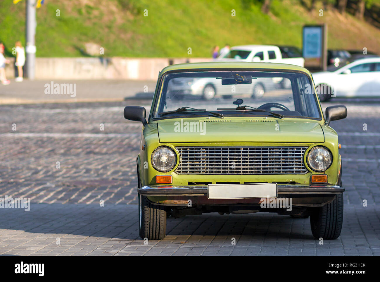 Front view of old russian classic car on city street. Car front ...