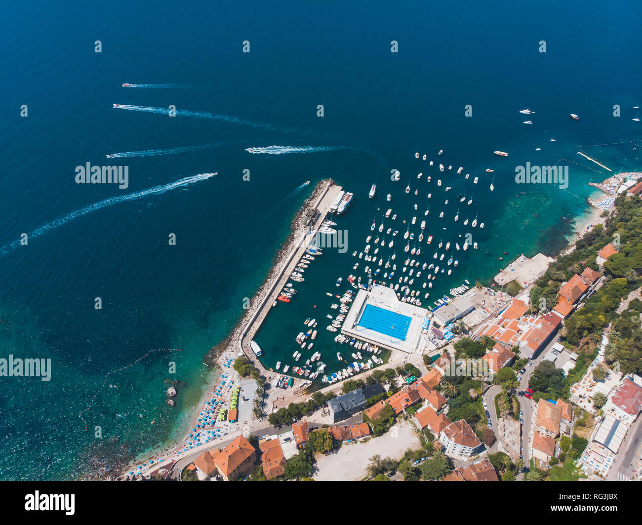 aerial view of sunny beach in herceg novi montenegro. summer vacation ...