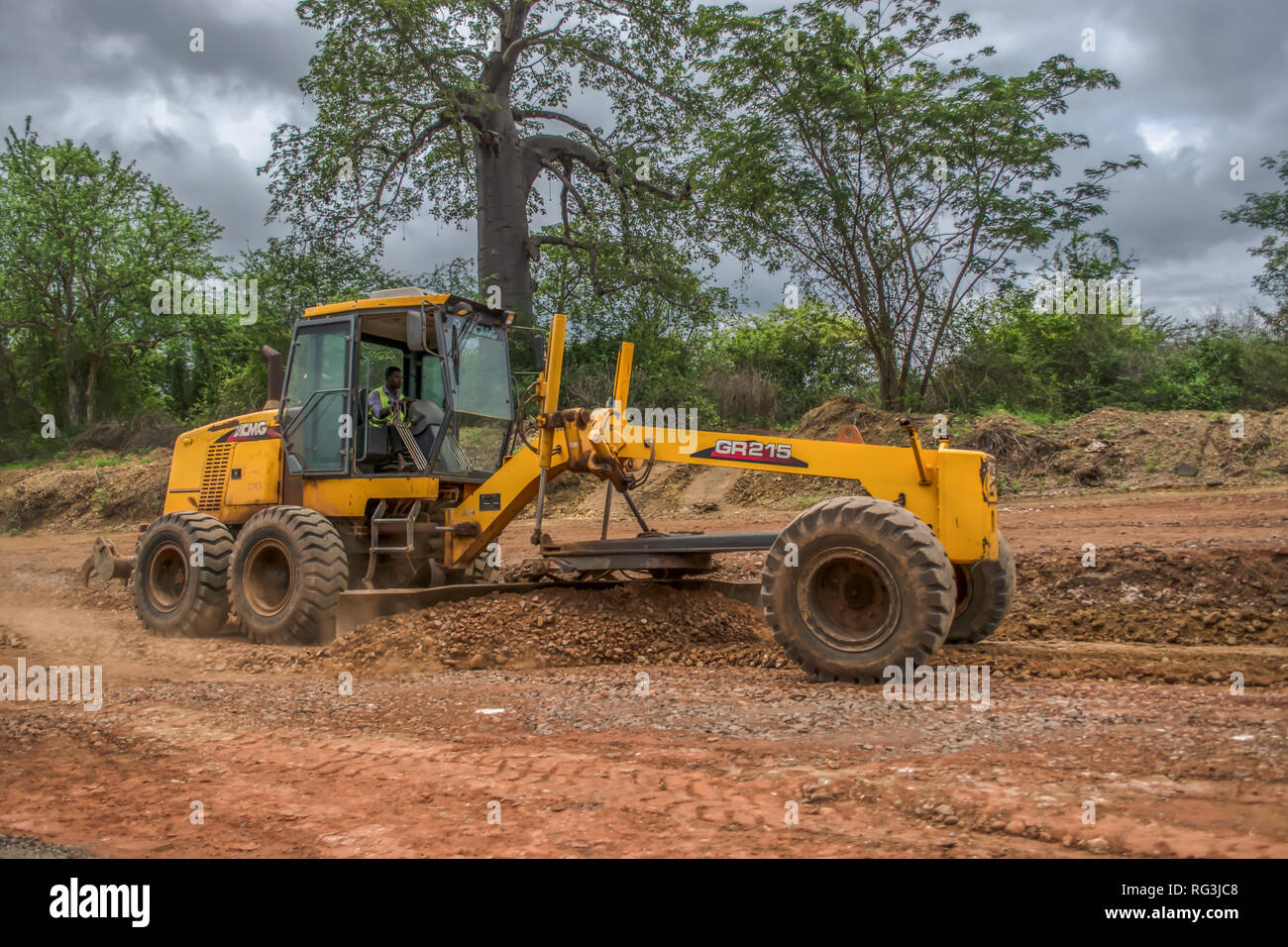 Malange / Angola - 12 08 2018: Full view of a road grader machine ...