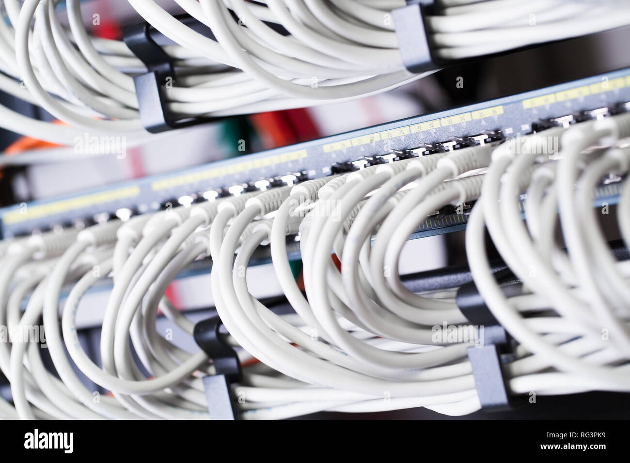 Gigabit network switch with aligned patch cables in datacenter Stock ...