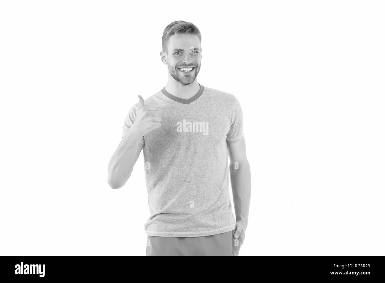 Man cheerful shows thumbs up as symbol of recommendation isolated white ...