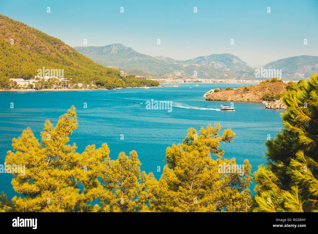 Panoramic beautiful view berth of marina. In the Turkish city of ...