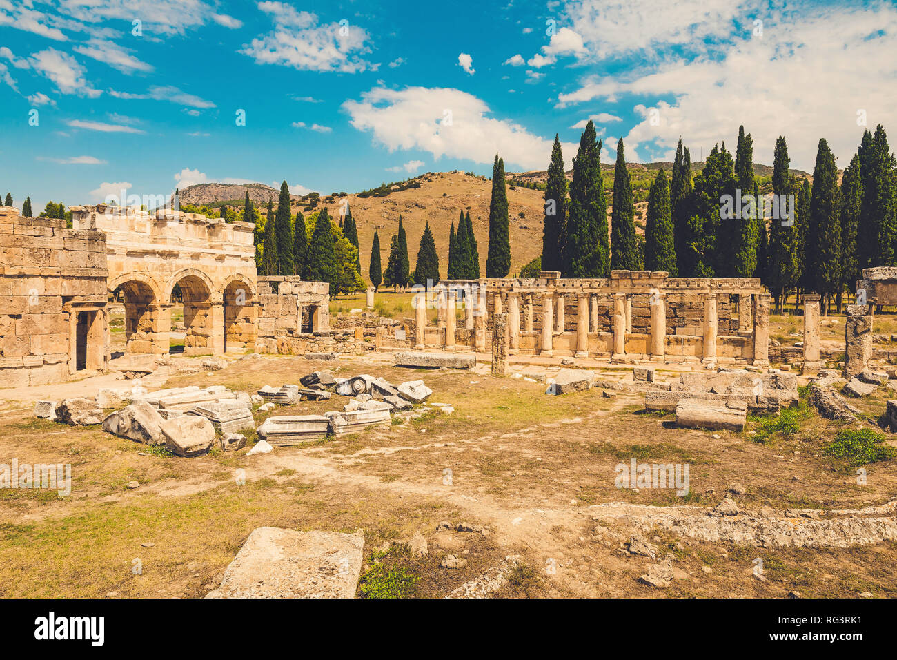 Panorama ancient Greco Roman city. Ruins of ancient city, Hierapolis in ...