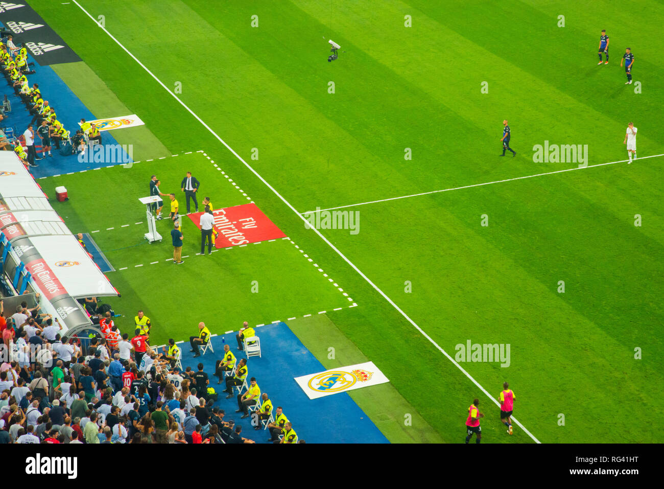 Referee checking the VAR board in a football match. Santiago Bernabeu ...