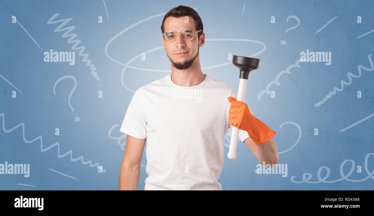 Swabber with orange rubber gloves and doodle concept on wallpaper Stock ...
